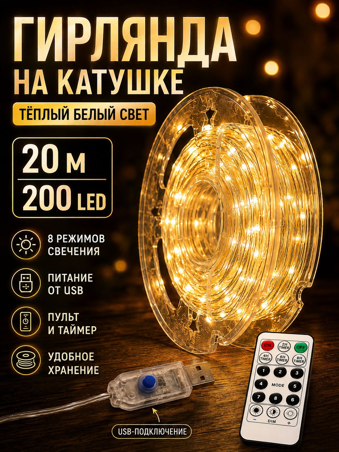 Электрогирлянда интерьерная Капельки светодиодная 200 ламп, 20 м, питание от порта usb