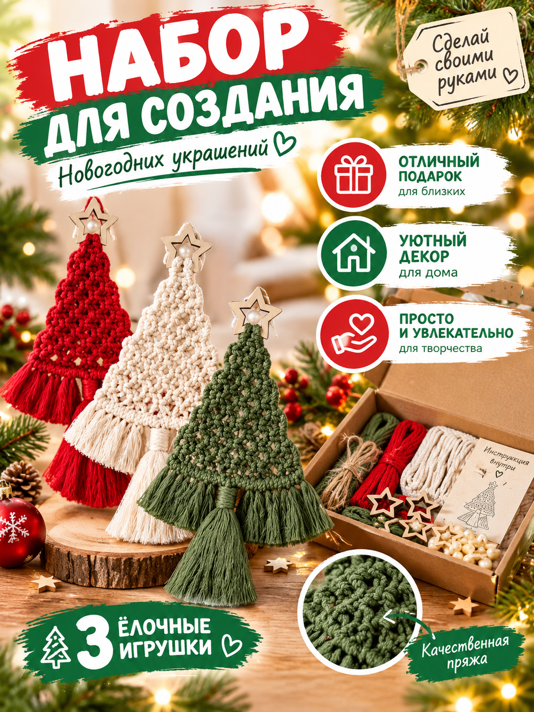 Набор макраме для начинающих с пошаговыми видеоуроками, стартовый набор для рукоделия рождественской елки для взрослых и детей своими руками