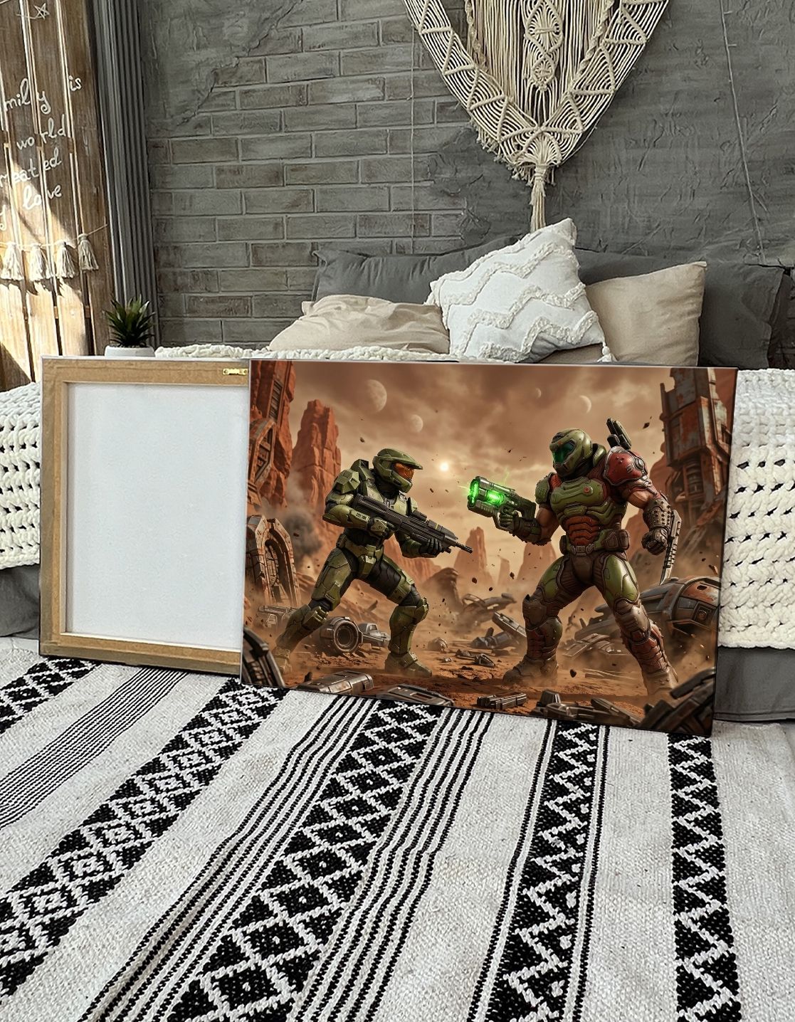 Картина на холсте (Мастер Чиф, Дум Слейер, Halo, Doom, битва, зеленая броня, плазменная пушка) 60x80 см. Интерьерная на стену. Украшение в комнату. В п
