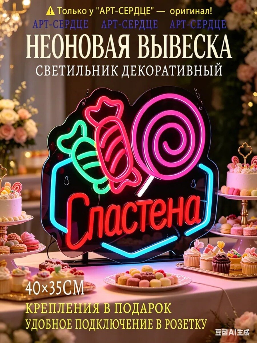 Неоновая вывеска Сластена 35х40 см, гибкий 6 мм на акриловой подложке 5