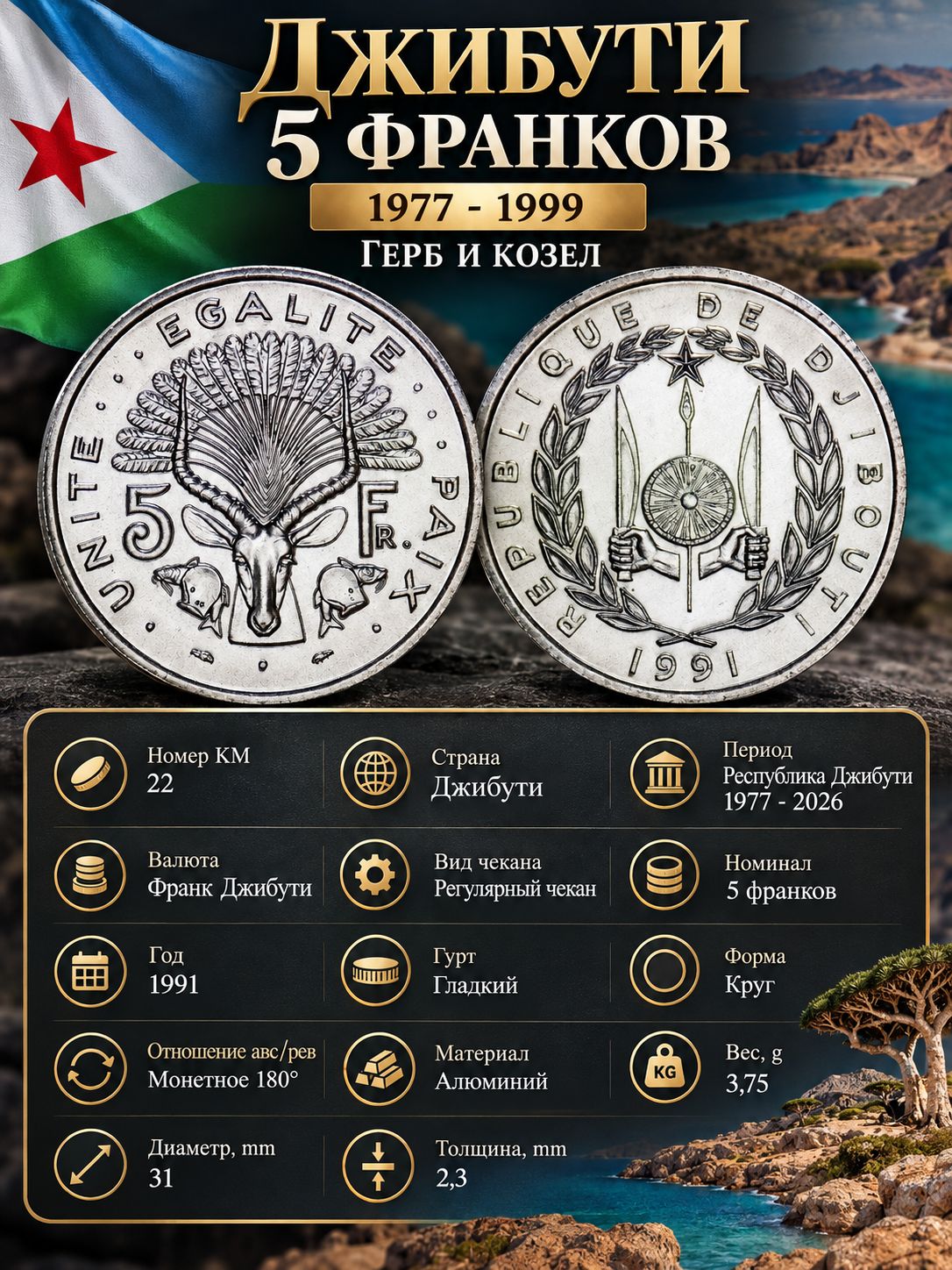 Джибути 5 франков, 1991 Герб UNC