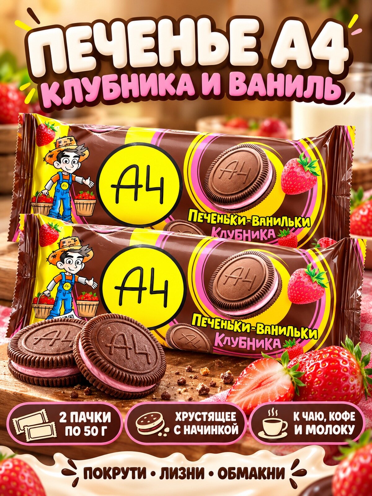 Печеньки 2 пачки по 50 грамм-Ванильки А4 клубника, вид печенья кокосовое, название вкуса кокос