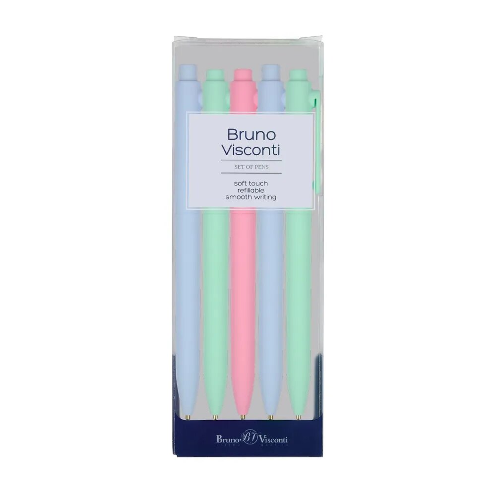 Набор шариковых синих ручек Bruno Visconti "SoftClick. Zefir" 5 шт, 0.7 мм, Soft Touch / ручки синие шариковые автоматические для школы, для офиса