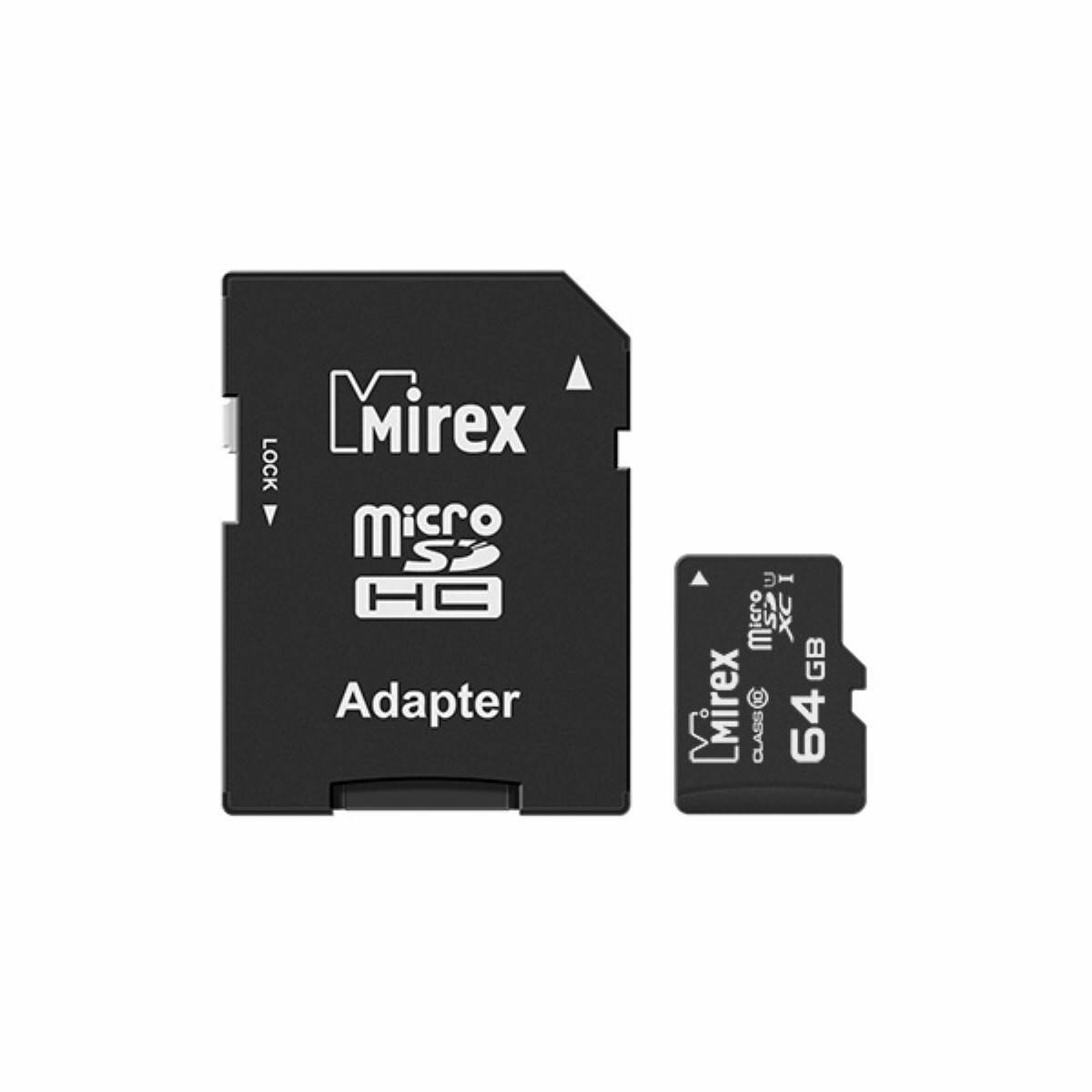 Карта памяти Mirex microSDХC 64Gb UHS-I, U1, class 10, с адаптером (13613-AD10SD64)