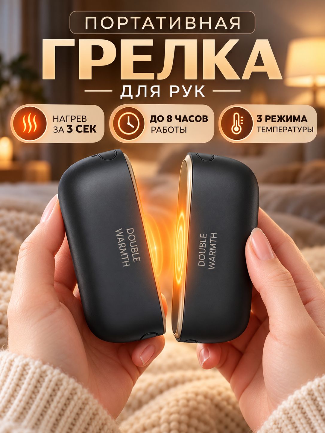 USB грелка для рук с магнитным соединением, 3-секундный нагрев, 3 режима температуры до 60С, работа до 8 часов, Type-C