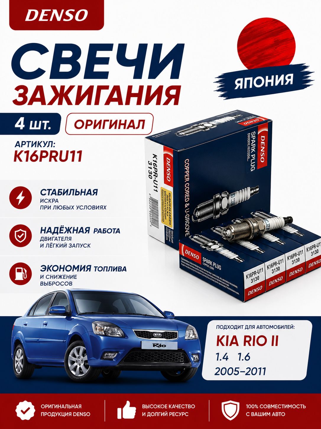 Свечи зажигания 4 шт. на Киа Рио 2 Kia Rio 2