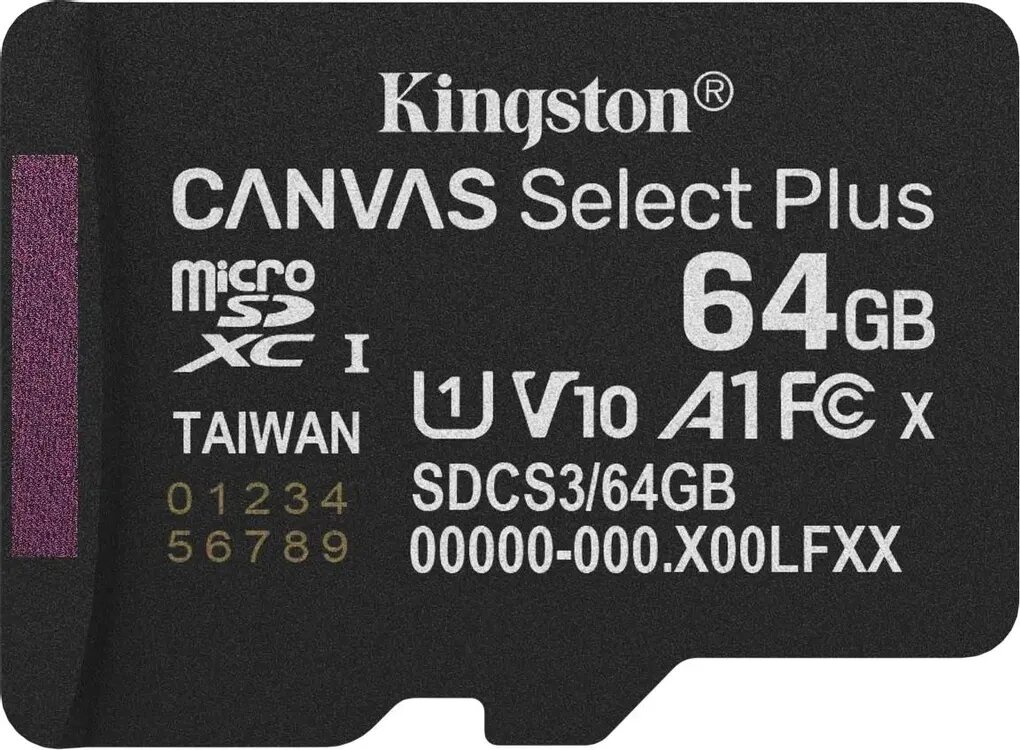 Карта памяти microSDXC UHS-I U1 Kingston Canvas Select Plus 64 ГБ, 100 МБ/с, Class 10, SDCS3/64GBSP, 1 шт, без адаптера