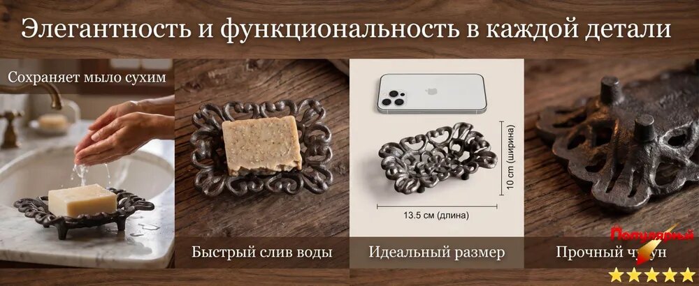 Мыльница чугунная винтажная для кускового мыла, тёмно-серая, с ажурным узором и ножками — фото 1