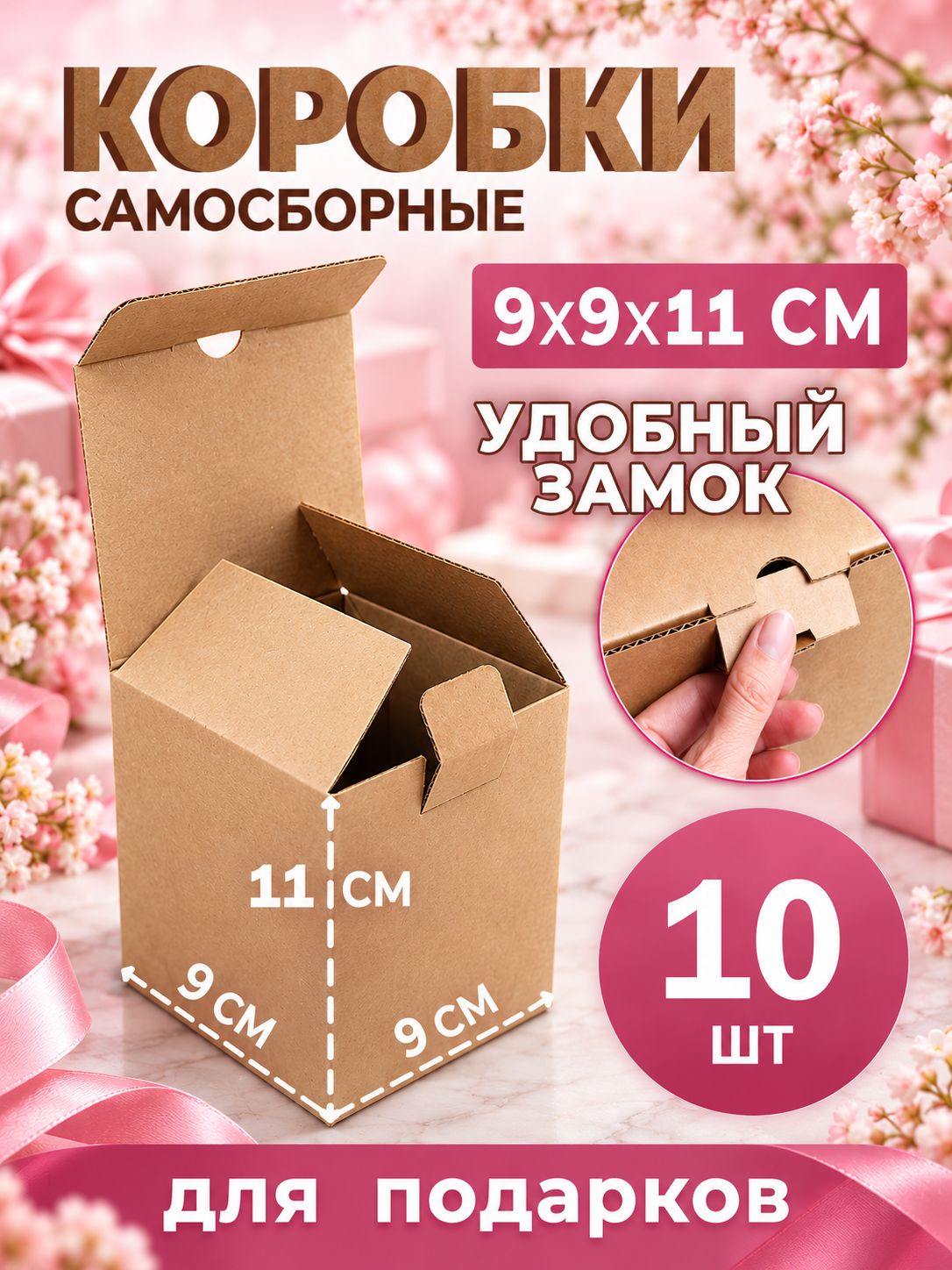 90x90x110мм (9х9х11см), коробки 10шт самосборные из картона, для подарков