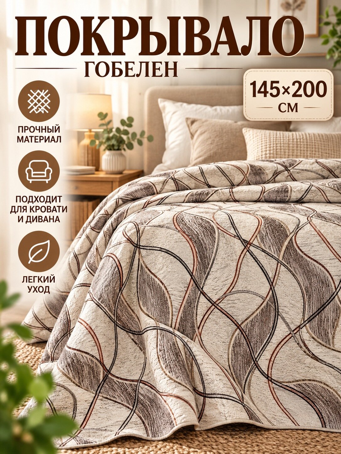 Покрывало 145х200 см, полуторный, Pastel спальное гобелен, на кровать для спальни на диван