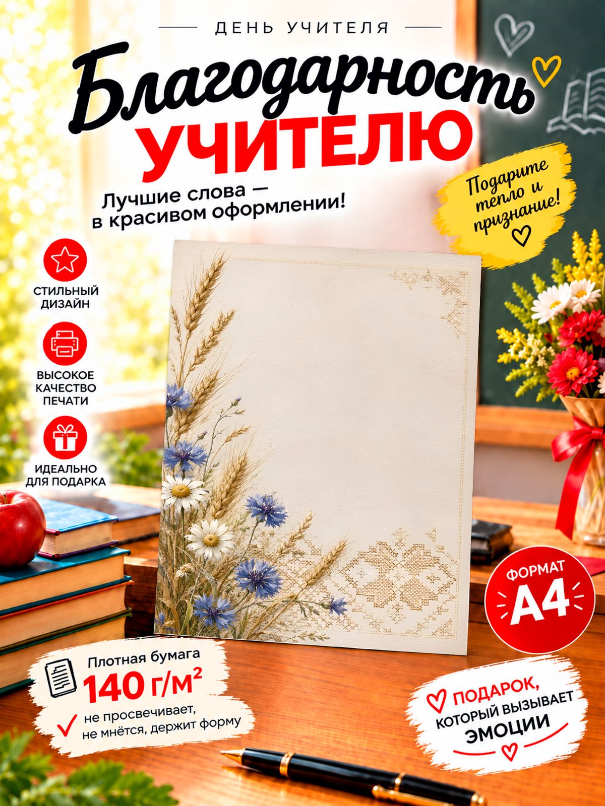 Благодарность ко Дню учителя, А4, 140 г/м , 10 шт.