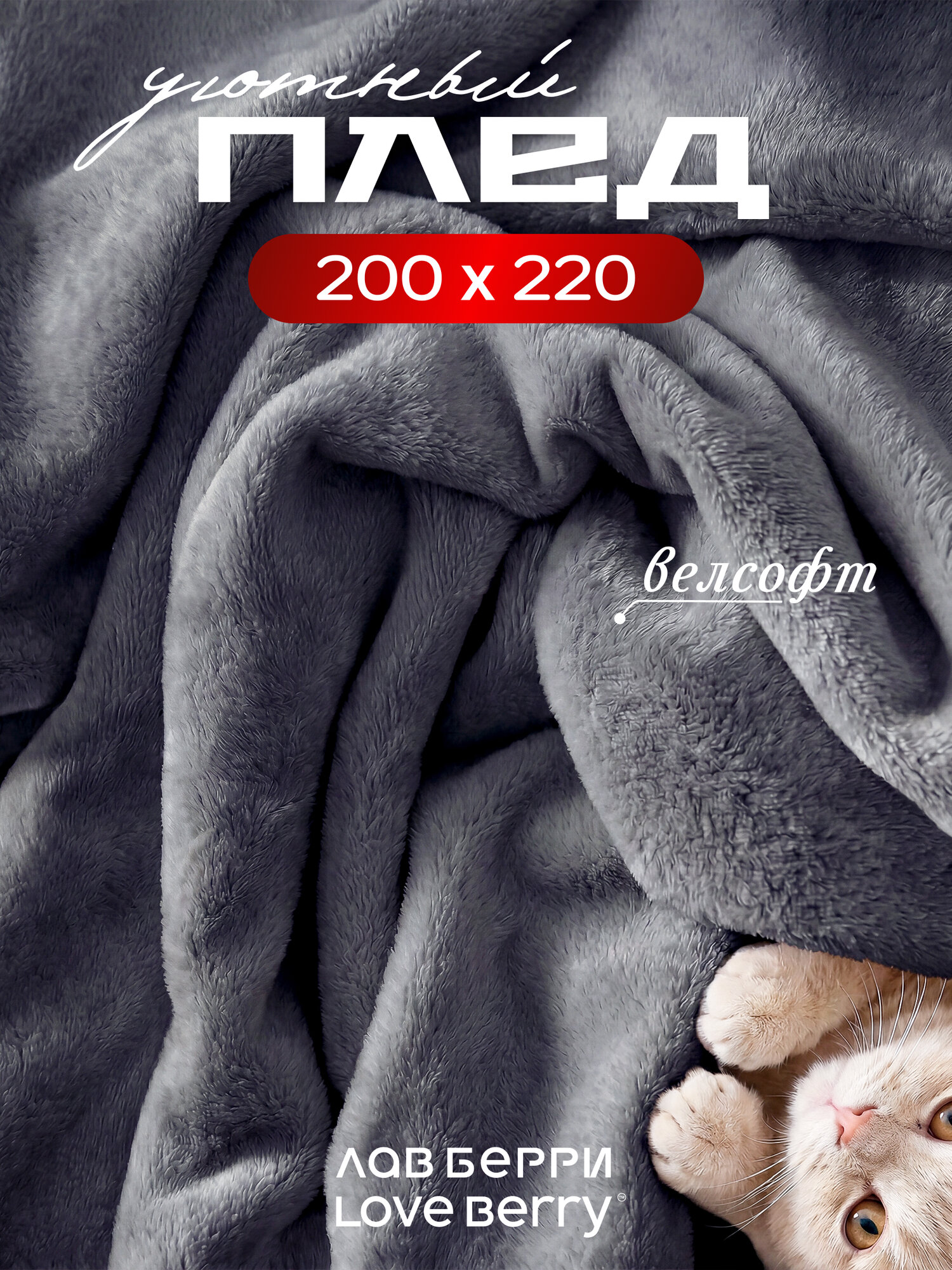 Плед 200х220 LOVEBERRY из велсофта Евро в спальню однотонный, плюшевый