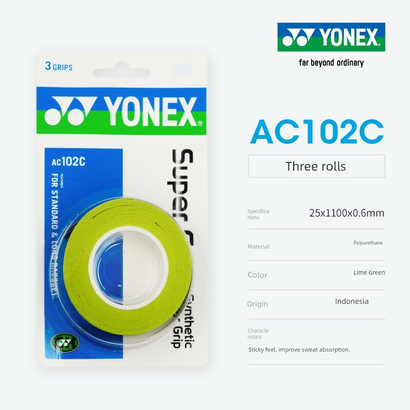 YONEX AC102C Базовая Ручная Лента, Лимонно-Зеленая, 3 Штуки в Рулоне для Тенниса