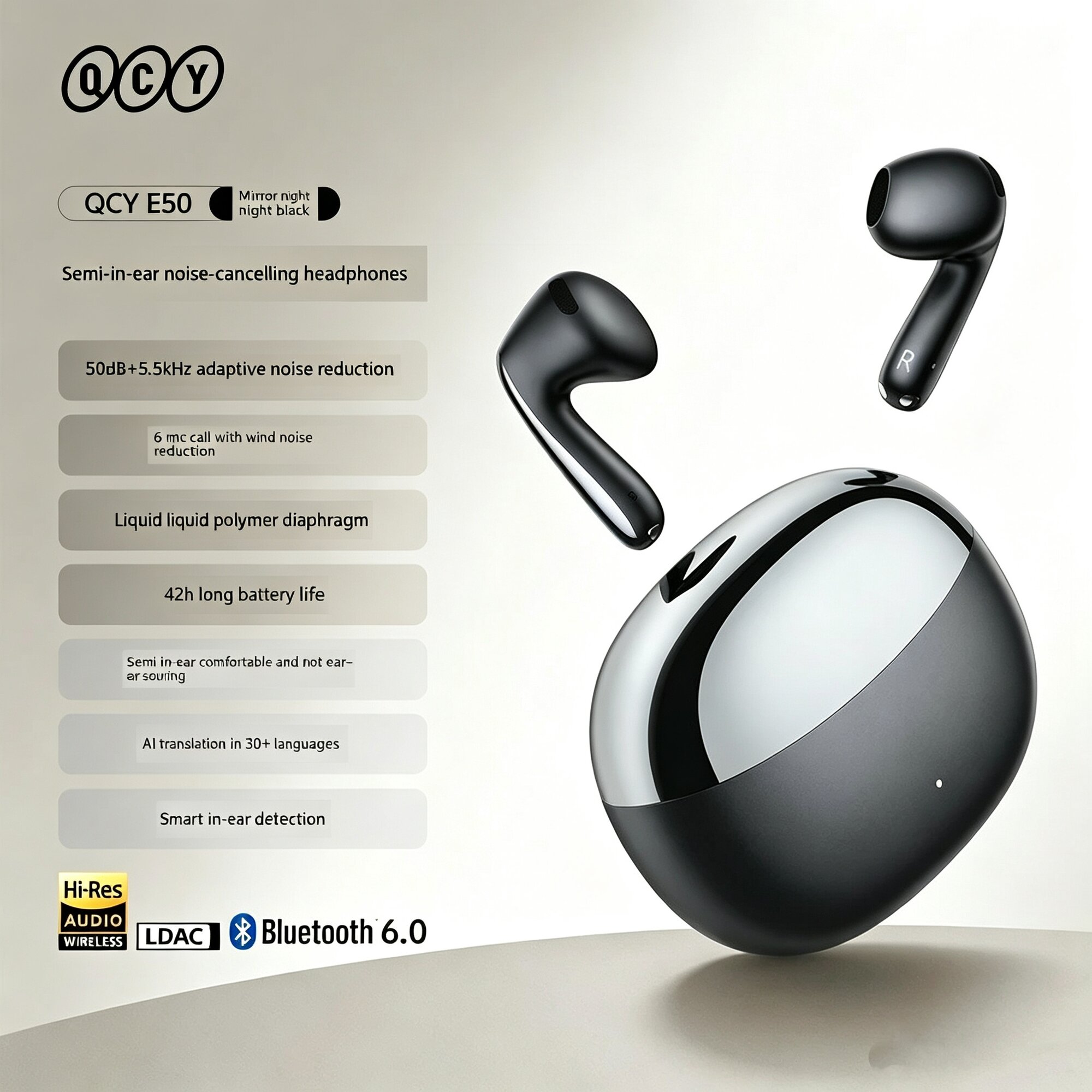 Bluetooth-гарнитура QCY E50, с шумоподавлением, беспроводная, полувнутриканальная, со сверхдолгим временем автономной