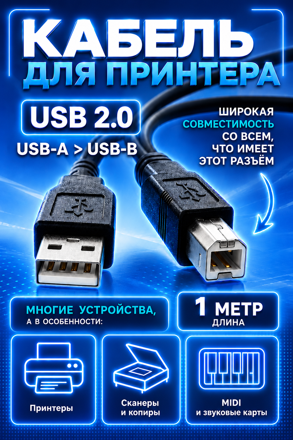 Кабель для сканера мфу принтера hp Xerox Epson Panasonic samsung USB A на USB B 1.5 метра