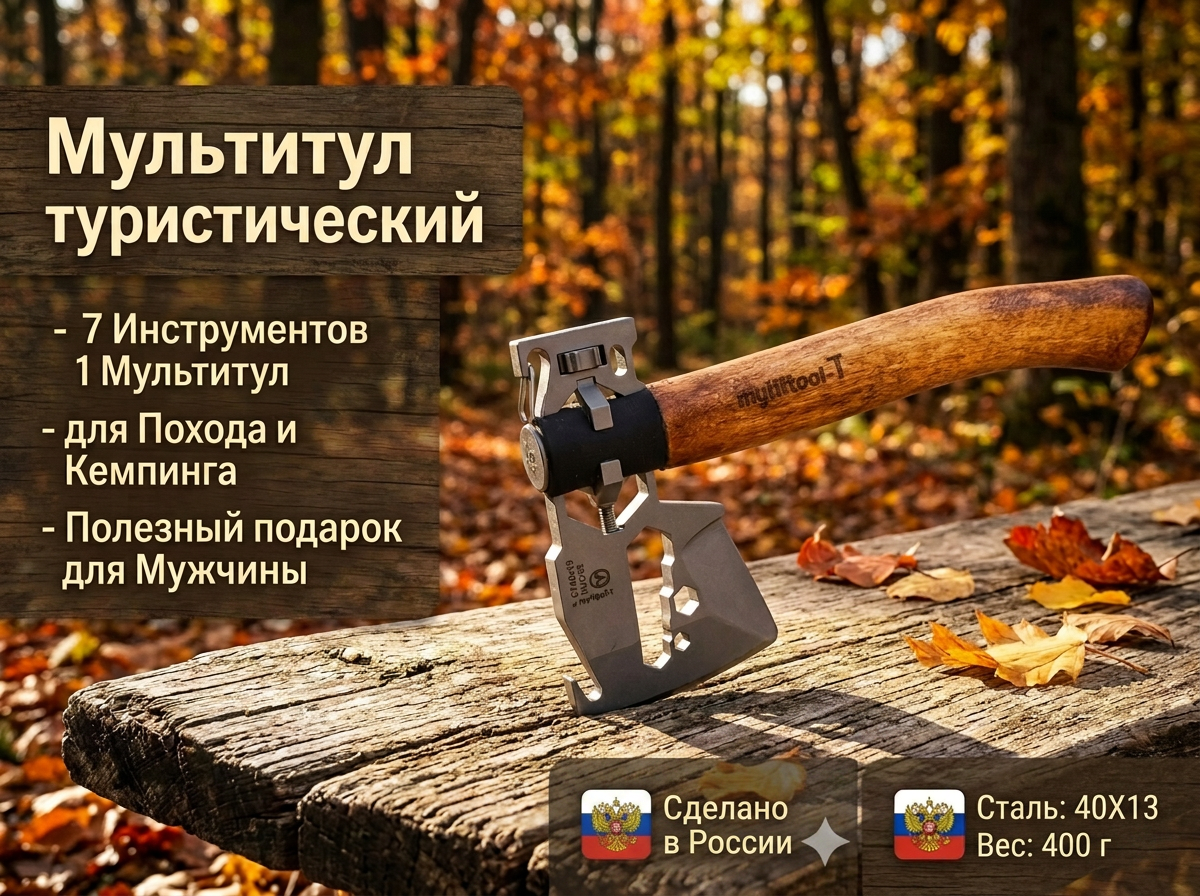 Мультитул топор туристический 7 в 1, съемное топорище, Мультитул-Т походный инструмент, полезный подарок мужчине