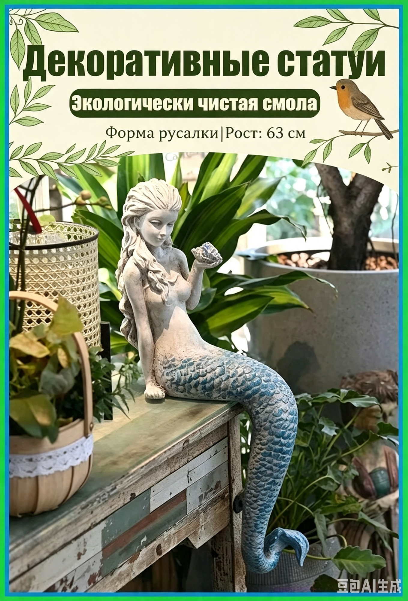 Декоративная статуя русалки 63 см, садовая фигура из экологической смолы для дома и дачи 俄文描述（约 200 字）