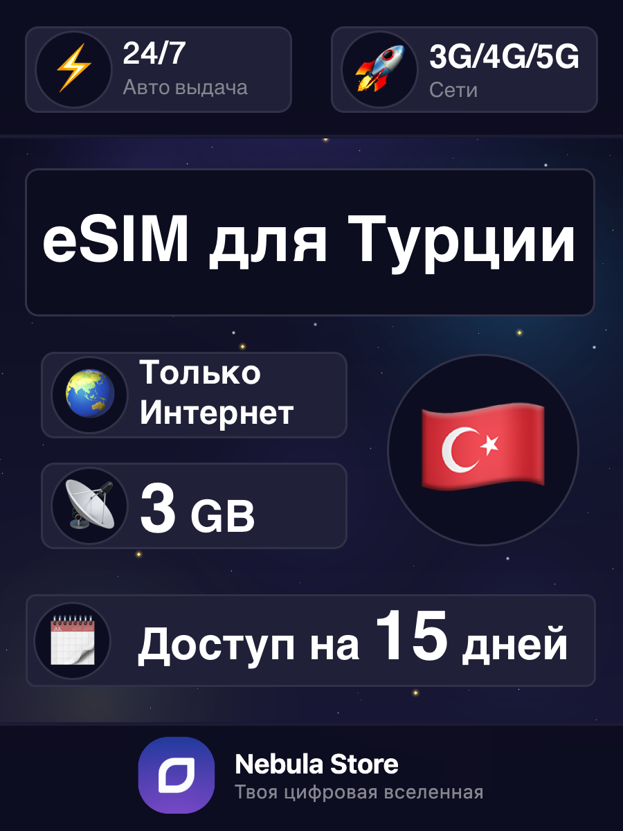 ESIM Турция | Интернет | 3 ГБ на 15 дней | 4G, 5G | Для телефона и планшета - автовыдача 24/7