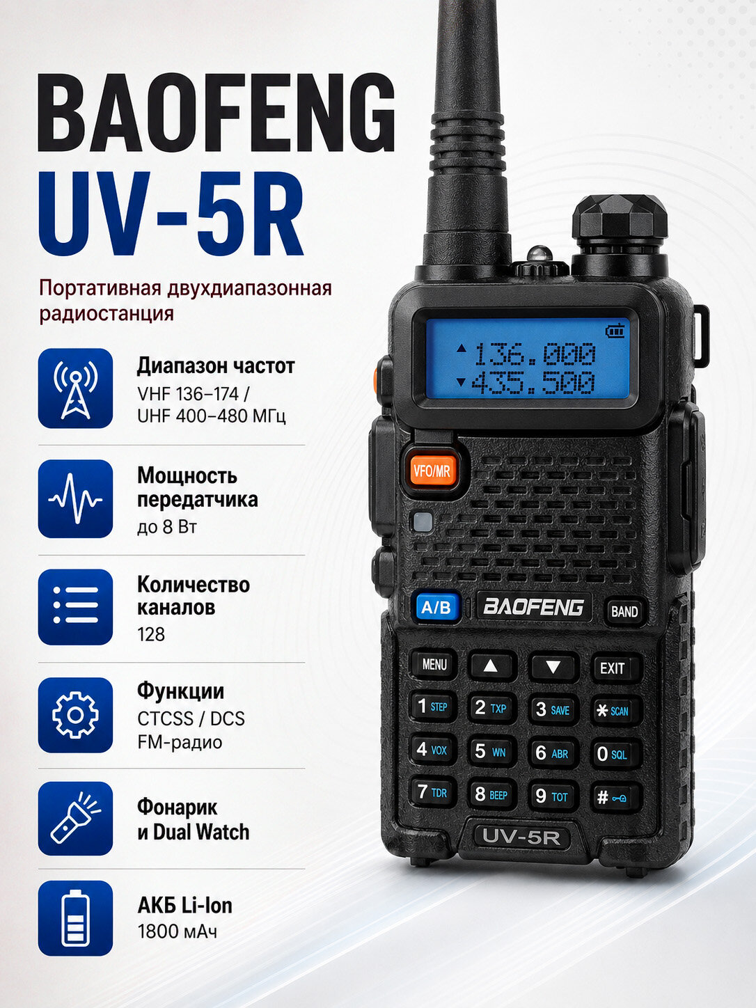 Радиостанция Baofeng UV-5R (VHF 136-174 МГц / UHF 400-480 МГц/8 Ватт)