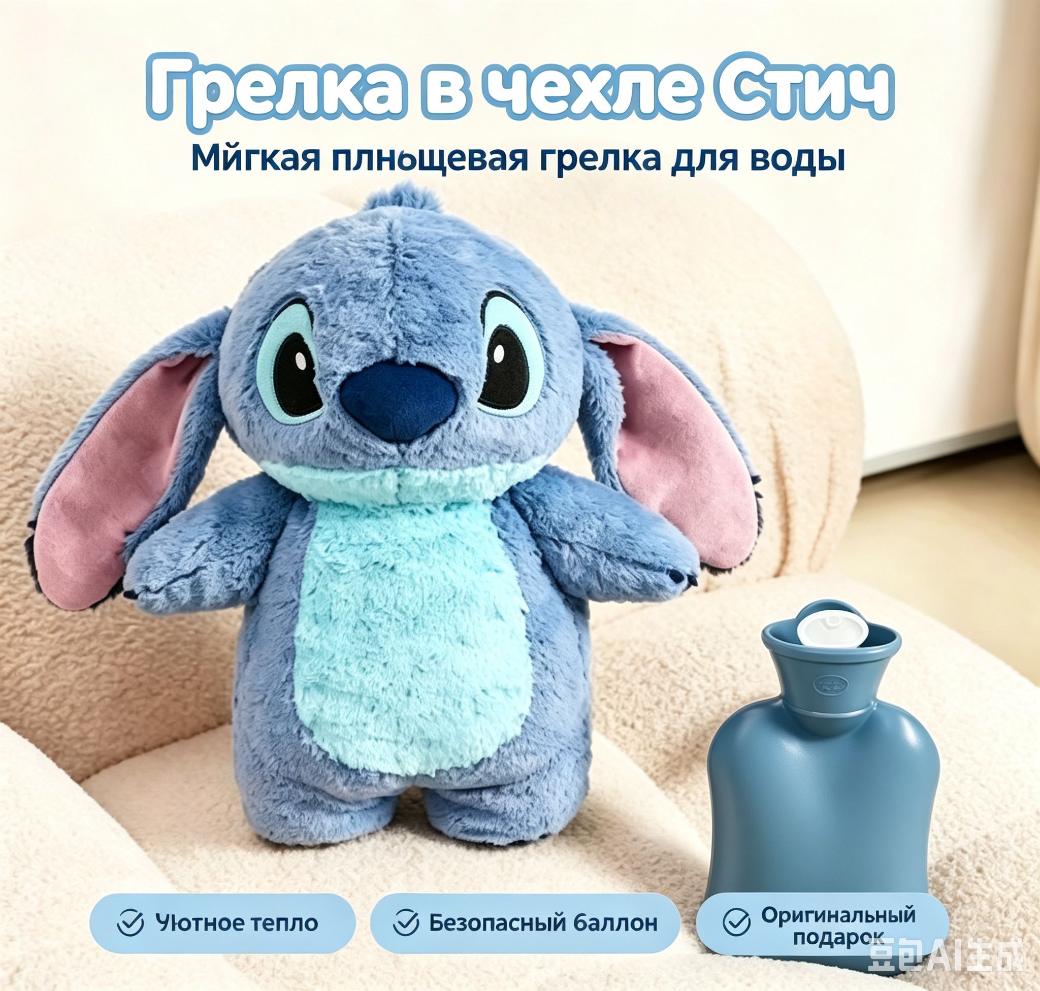 Милый плюшевый чехол для грелки Стич, резиновая грелка для воды, теплая игрушка, утеплитель для рук, оригинальный подарок