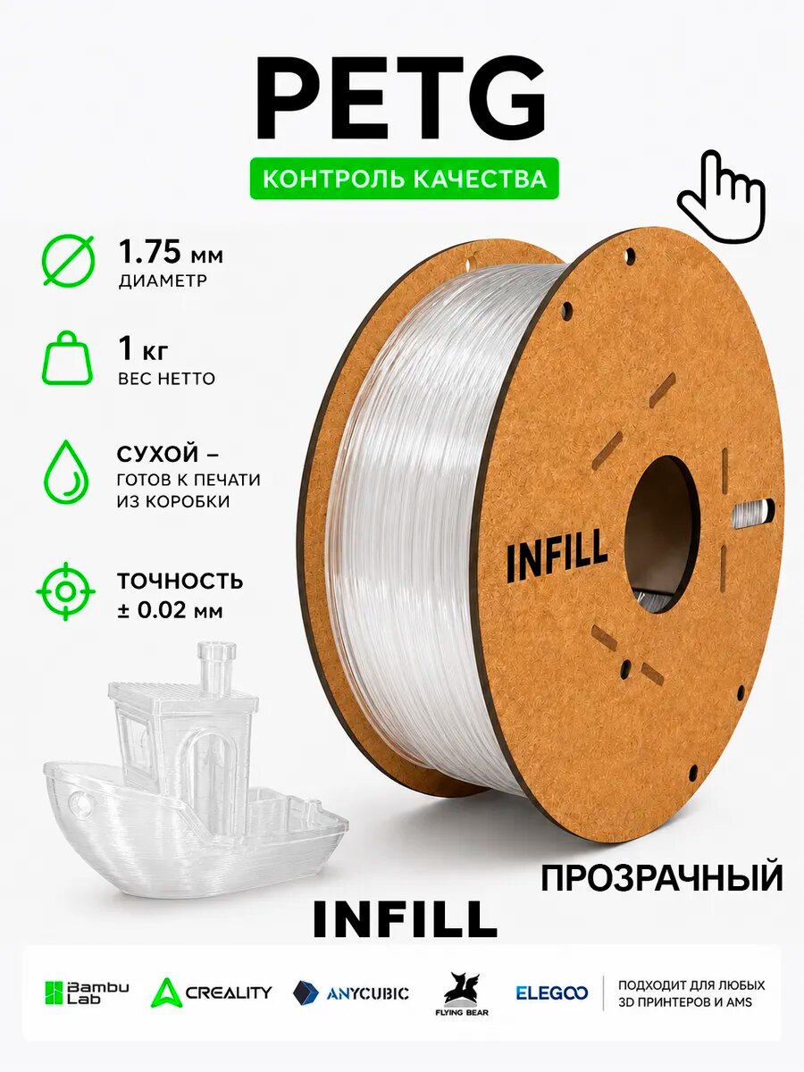 PETG филамент для 3D принтера 1.75 мм 1 кг Прозрачный