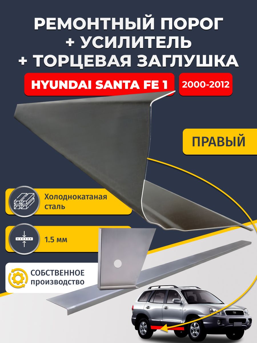 Правый стандартный ремонтный порог + усилитель + торцевая заглушка на Hyundai Santa Fe 1 2000-2012 (Хендай Санта Фе), холоднокатаная сталь 1,5 мм.