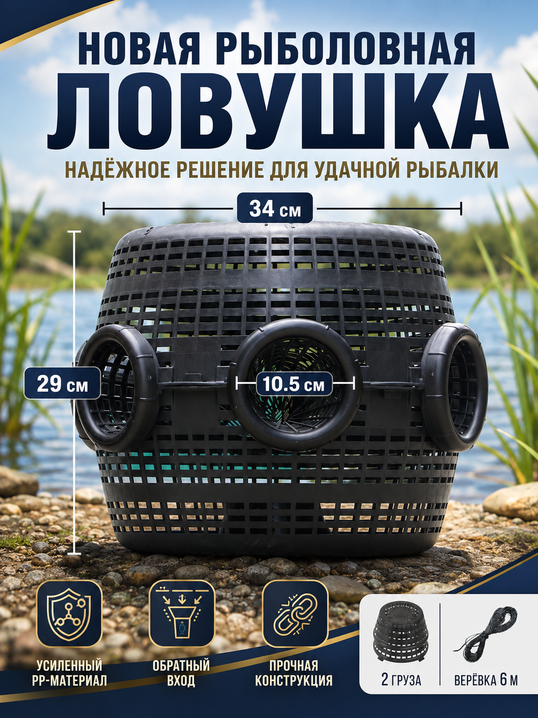Рыбацкая ловушка‑верша черная из пластика на 6 отверстий, набор с грузовыми блоками и шнуром, для рыбалки на озере и реке