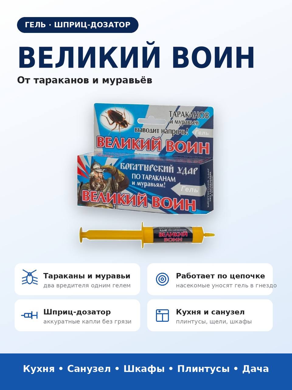 Великий Воин гель от тараканов и муравьев (синий) (шприц), 45 г