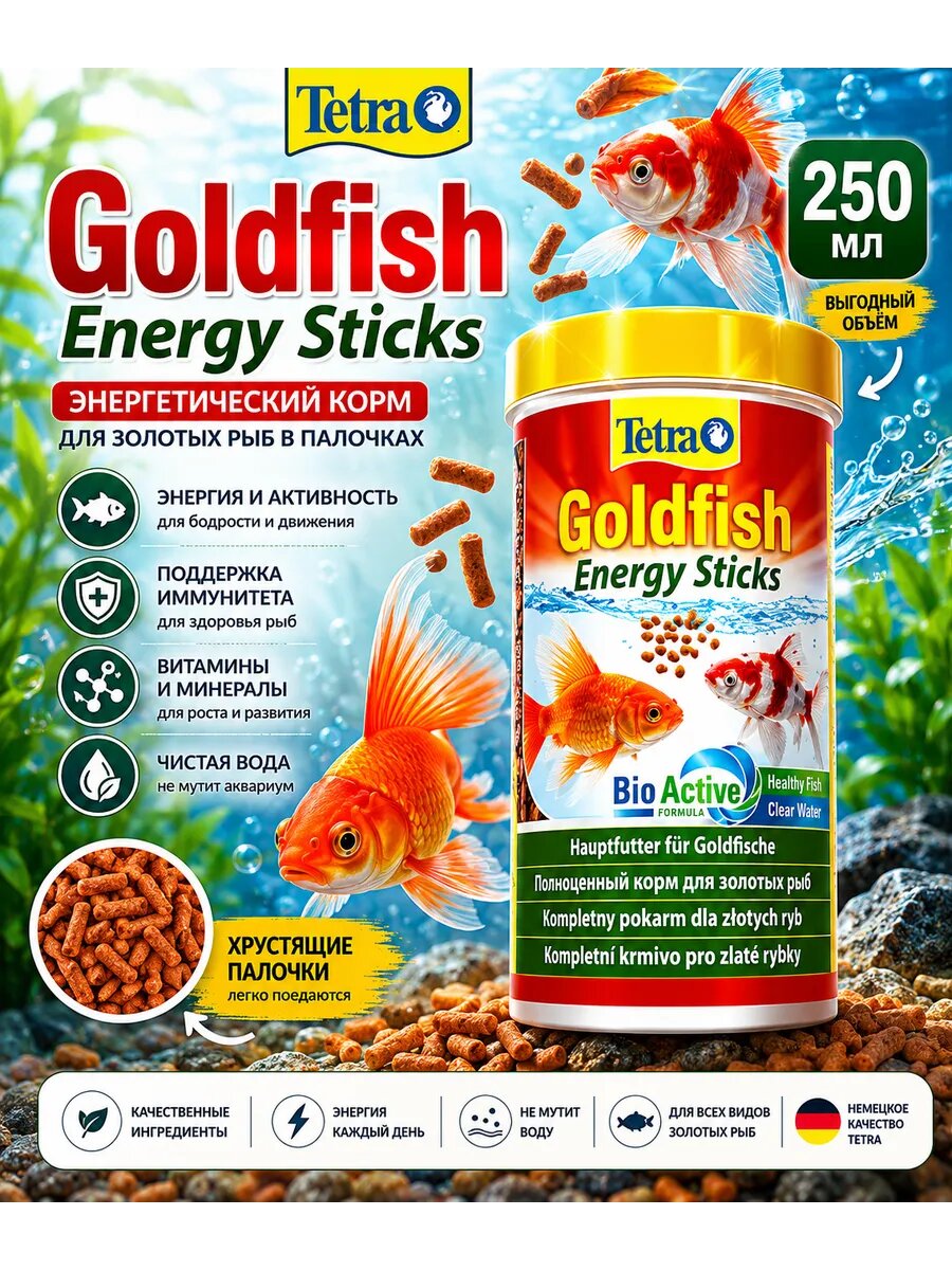 TetraGoldfish Energy Sticks энергетический корм для золотых рыб в палочках 250 мл