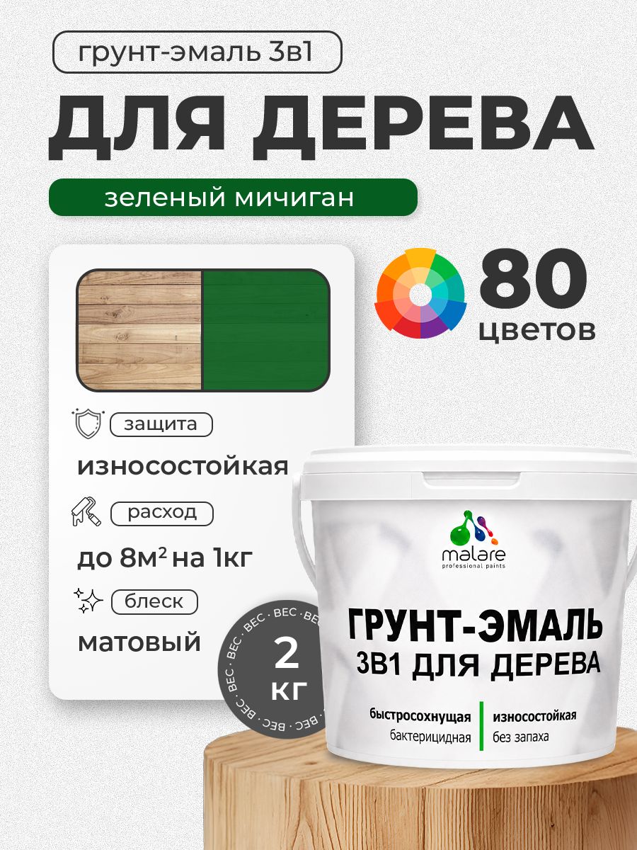 Акриловая Грунт-Эмаль 3 в 1 Malare для деревянных поверхностей/ краска по дереву с антисептическим эффектом/ быстросохнущая моющаяся без запаха матовая, зеленый мичиган, 2 кг