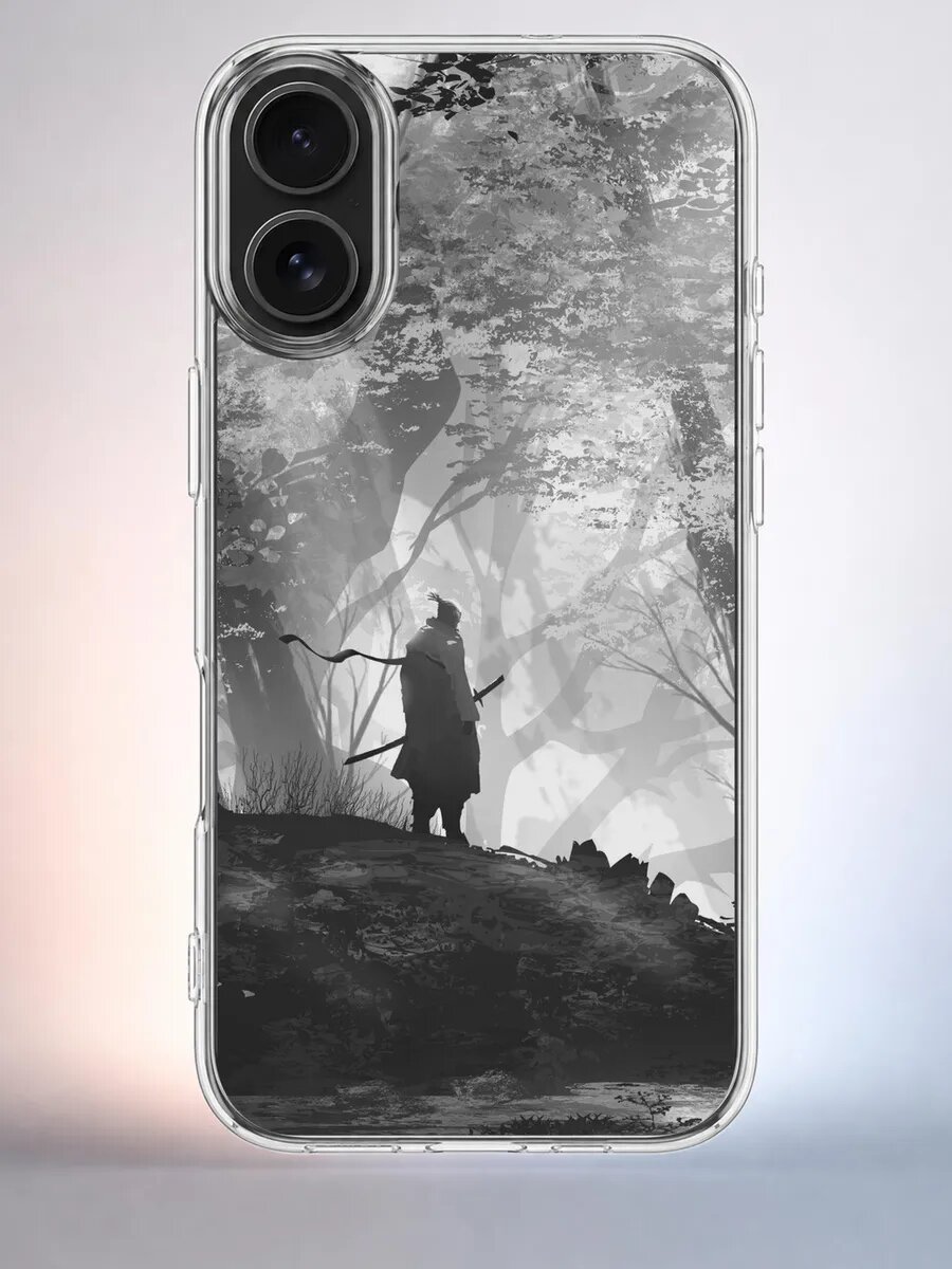 Чехол iPhone 16 самурай силуэт в лесу силиконовый