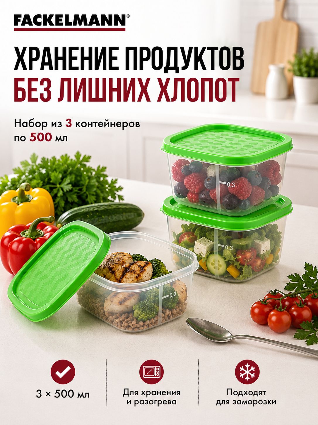 Товар для повседневного использования, Контейнер пищевой с крышкой FACKELMANN, набор 3 штуки, объем 500 мл, подбор по