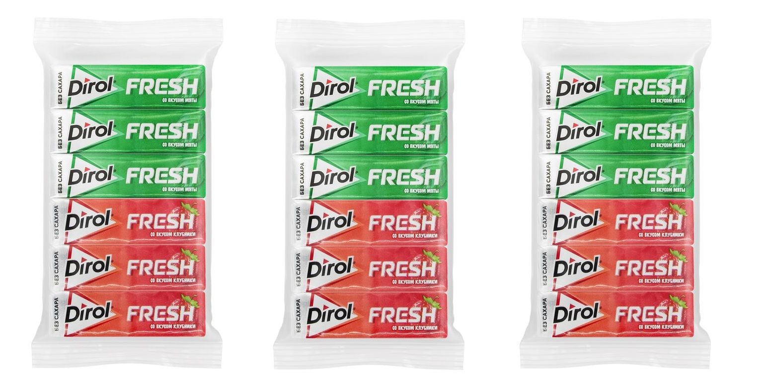 DIROL Жевательная резинка Fresh ассорти со вкусом мяты и клубники 13,6 гр, 6 штук - 3 упаковки