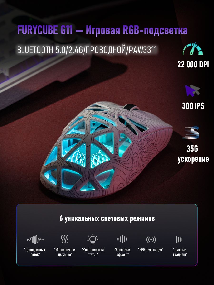 Furycube Мышь беспроводная G11 Компьютерная мышь беспроводная игровая с RGB подсветкой,22000 dpi, PAW 3311, Ажурный дизайн, белый, прозрачный