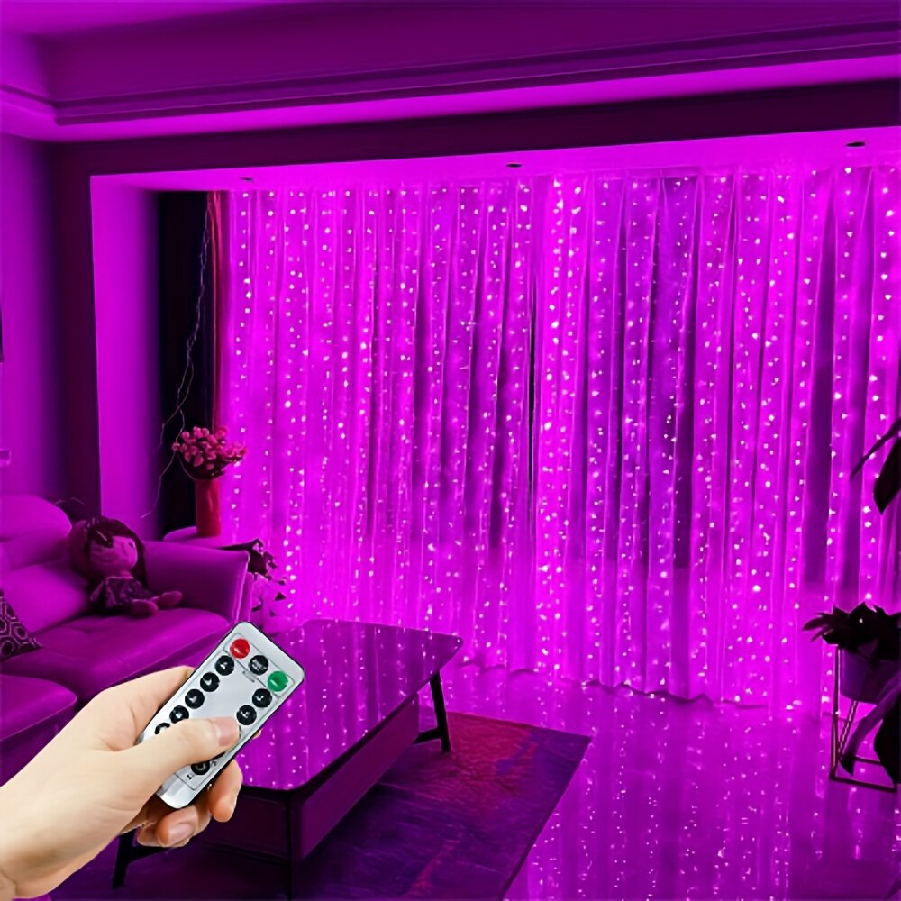 Гирлянда-занавес светодиодная 200 LED с пультом и таймером, 8 режимов свечения, 3х2 м, розовая, для украшения дома и праздников