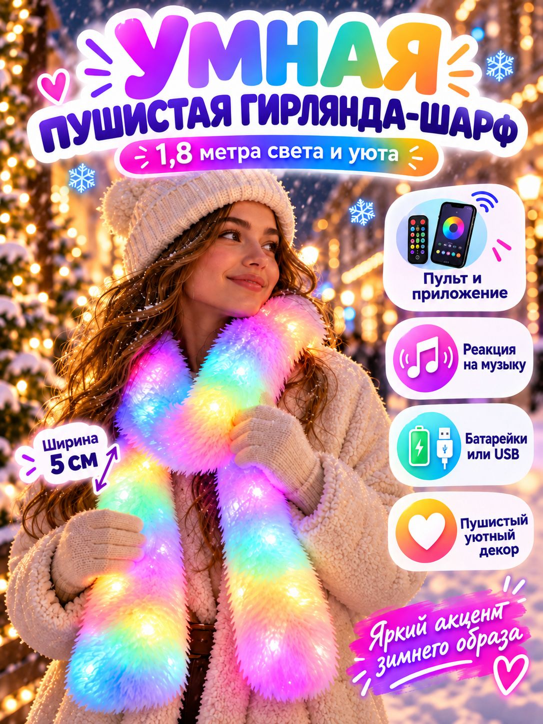 Умная пушистая гирлянда шарф 1,8м W-85 с управлением с телефона + пульт ДУ / Работает от USB и батареек, 180х5см, разноцветный