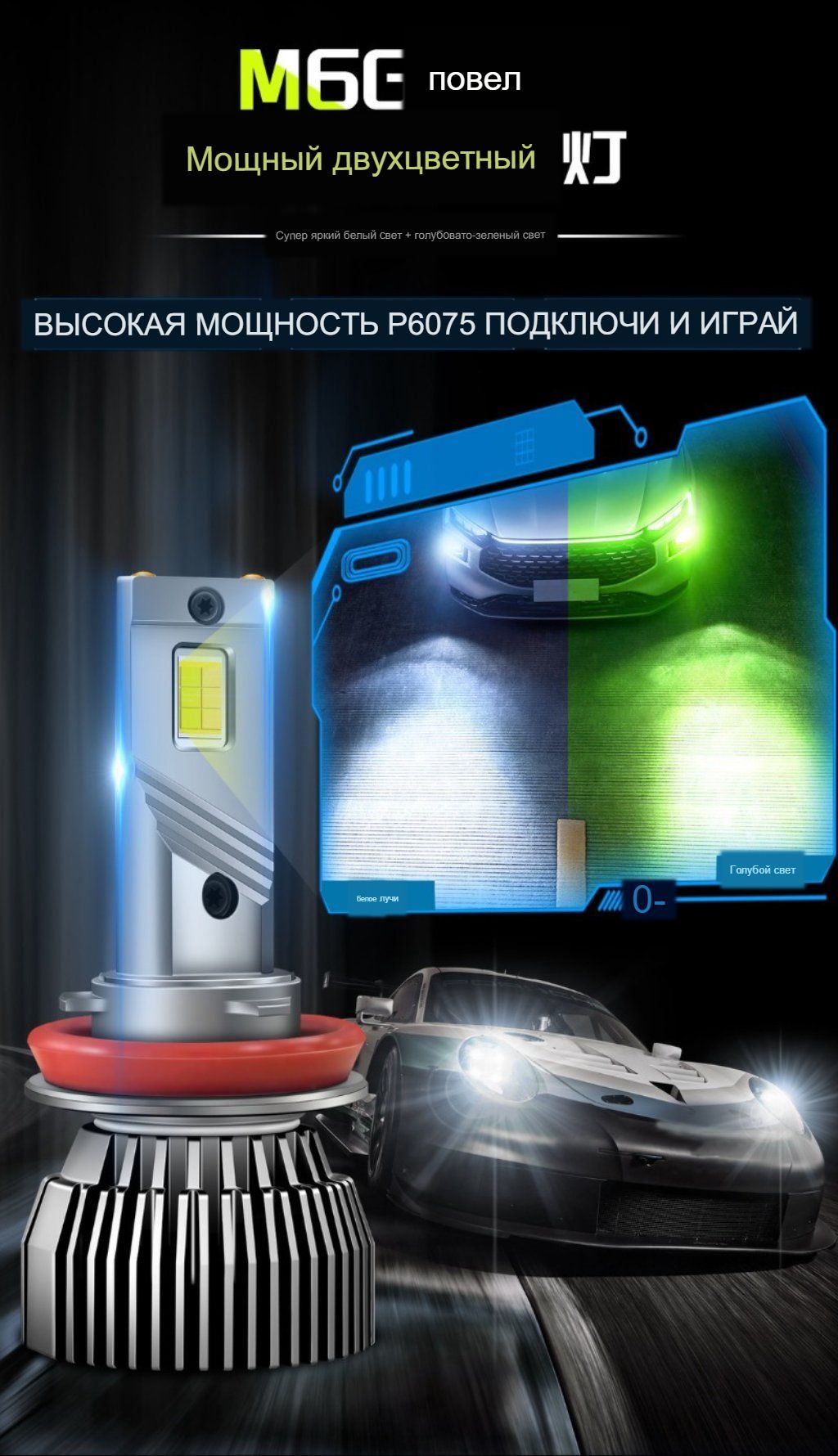 Светодиодные лампы для фар H7 H11 9005 9006, 120 Вт, 6000 К, зеленый лимон, 12 В, суперяркие, для автомобиля