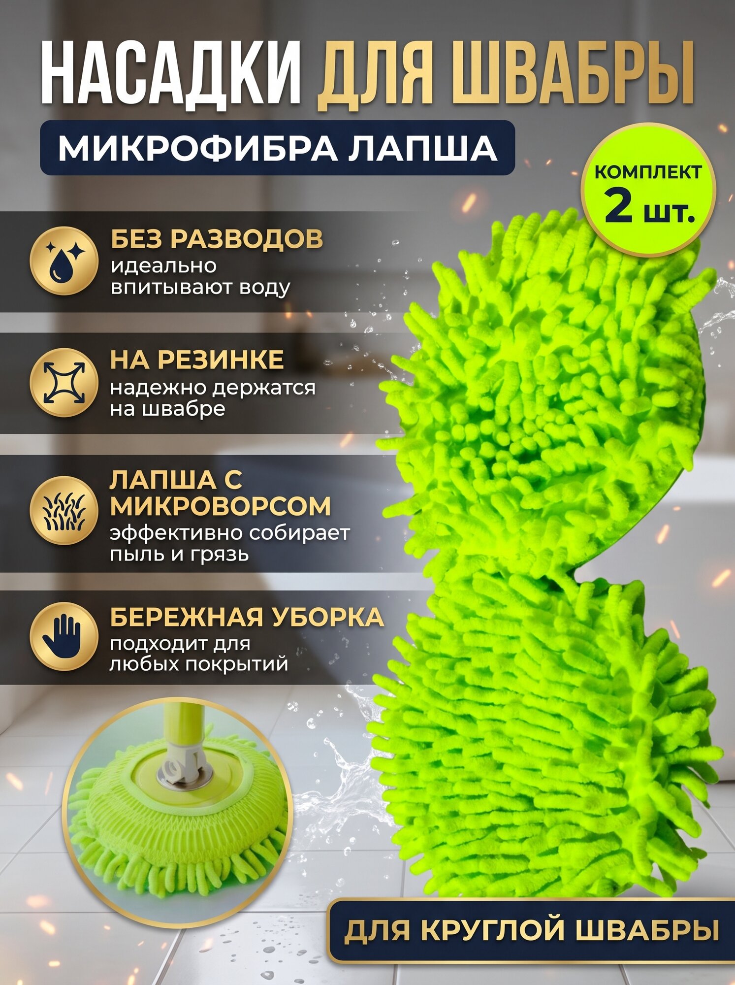 Комплект из двух насадок на швабру для мытья стёкол серия Spin Mop / Насадки на швабру из микрофибры