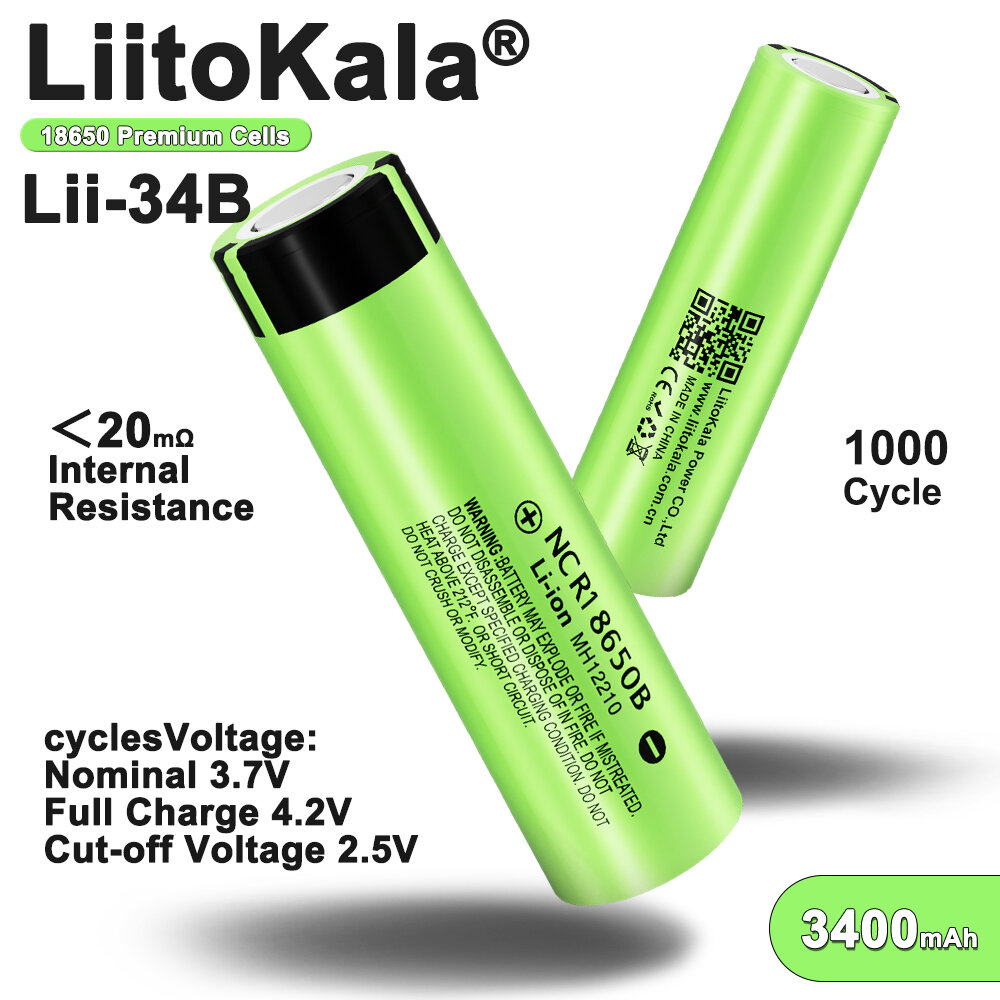 2 штуки. 18650-батарейный аккумулятор, модель LiitoKala 34B, ёмкость 3400 мА·ч, 3,7 В, высокий ток выхода, плоские контакты
