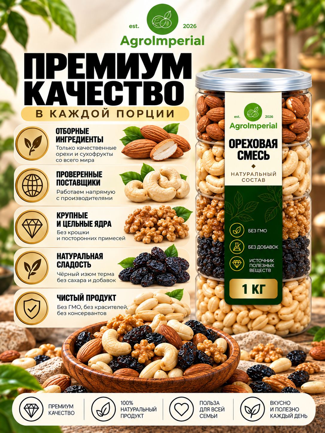 Смесь орехов1000 гр. от Agroimperial (набор орехов подарочный: грецкий, кешью, миндаль, арахис, изюм терма)