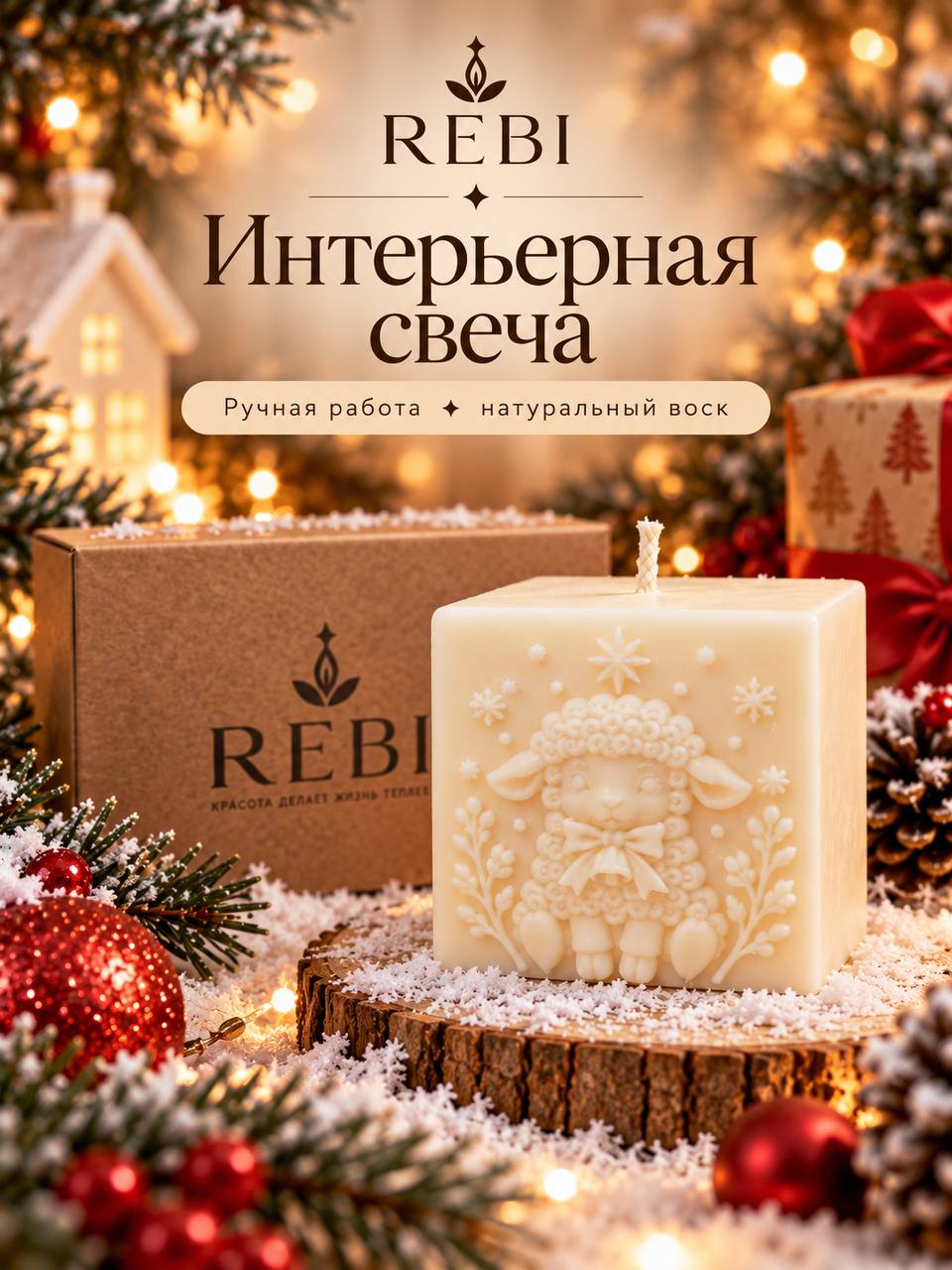 Новогодняя свеча REBI Символ года, 8 на 8 см, высота 8 см, натуральный воск, ручная работа