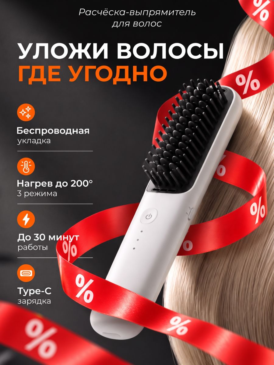 Выпрямитель-расческа для волос Xiaomi Cordless Hair Straightener Brush (BHR07REGL), беспроводной с ионизацией