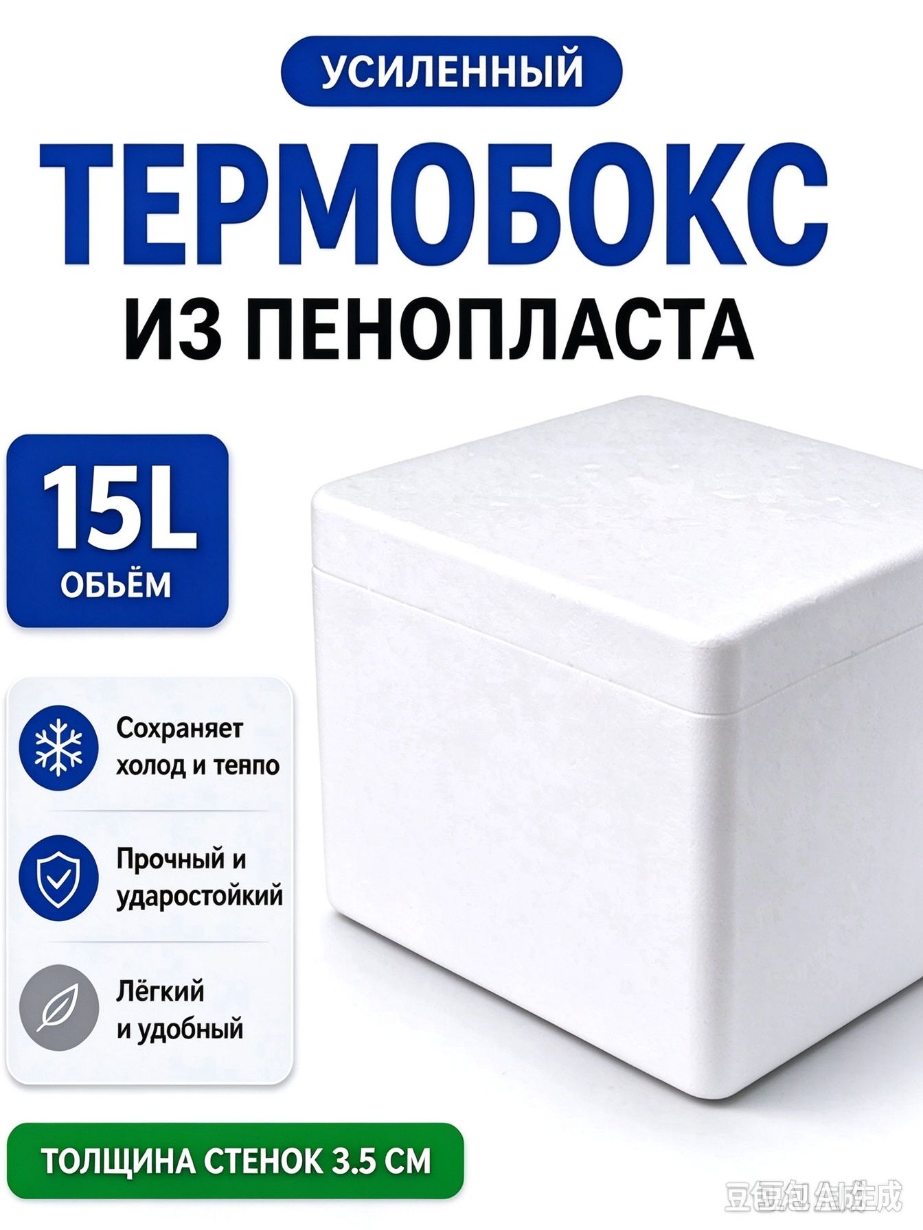 Термобокс из пенопласта 15 л утолщенный контейнер для хранения и перевозки продуктов, рыбы, мяса, морепродуктов