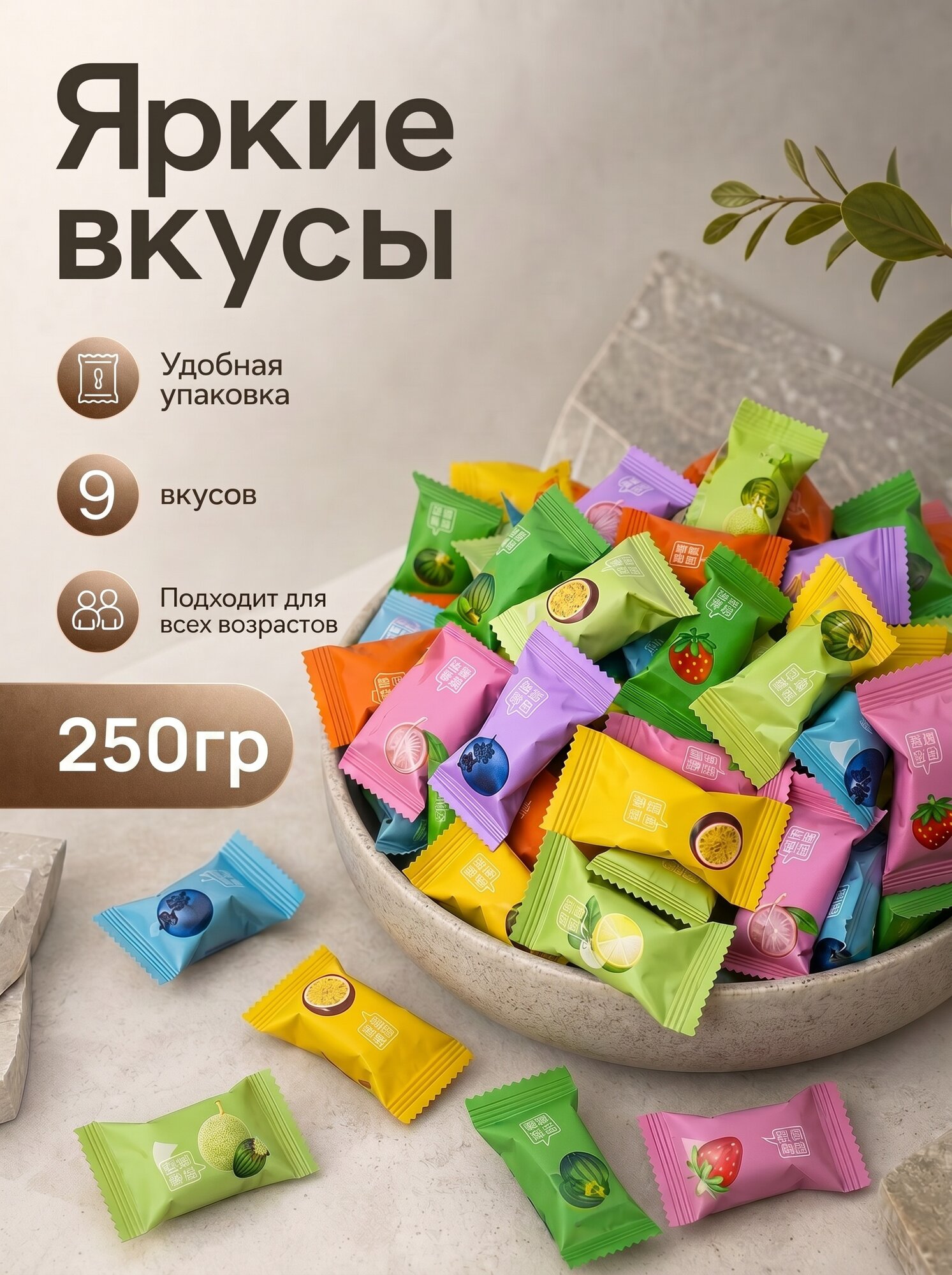 Ассорти фруктовое драже без сахара 9 вкусов с витамином С, 250г