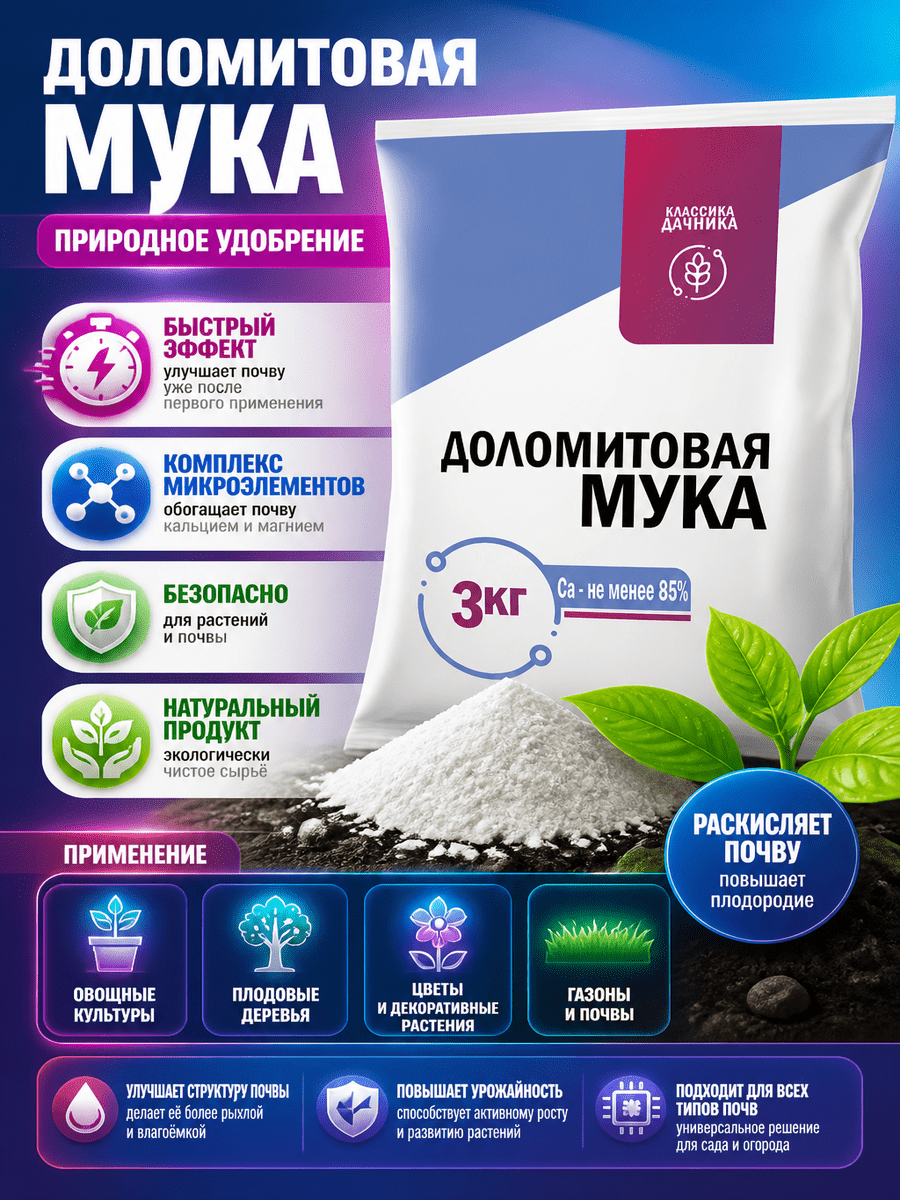 Удобрение нов-агро Мука известняковая (доломитовая) с комплексом микроэлементов, Арт. НА33, 3кг