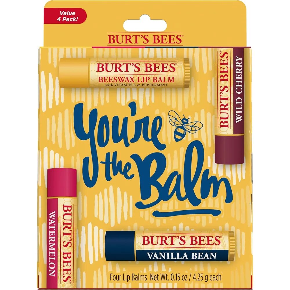 Набор бальзамов для губ Burt's Bees You're the Balm с пчелиным воском, ароматами дикой вишни, арбуза и ванили, по 4,25 грамм, 4 штуки