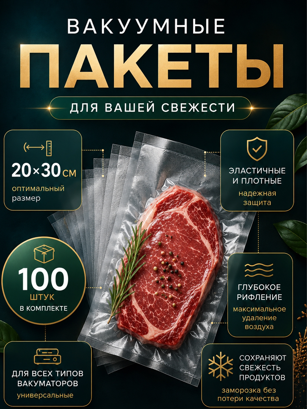 Пакеты рифленые для вакууматора 20×30 см, 100 шт, вакуумные пакеты для продуктов