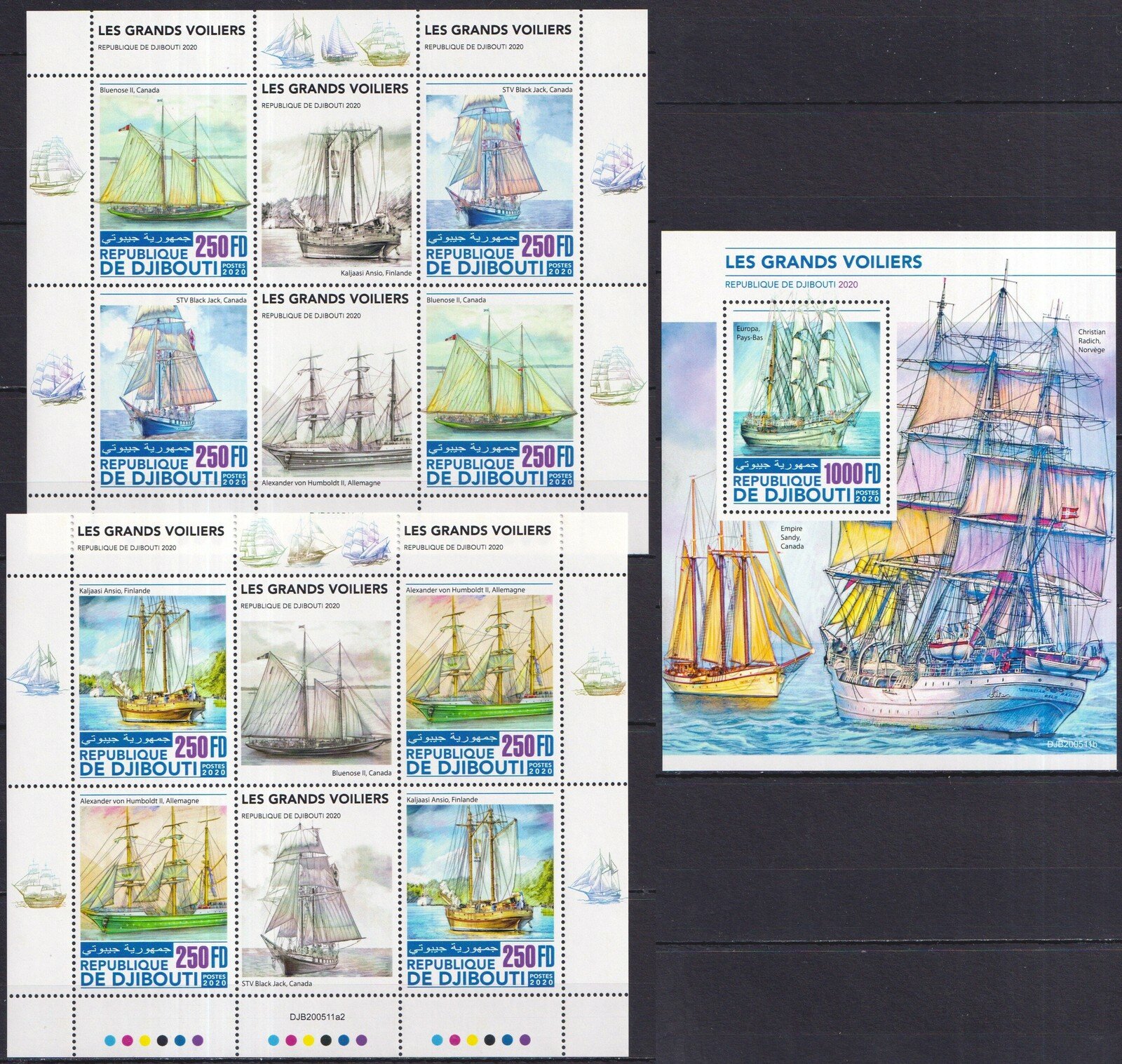 Марки 2020 год Джибути Высокие парусники Транспорт #3845-3848 ! 2Bl+Bl1495 Mnh