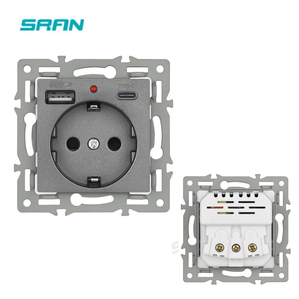 SRAN F9 модуль розеток с USB и Type-C, серый, EU AC 5V 2A