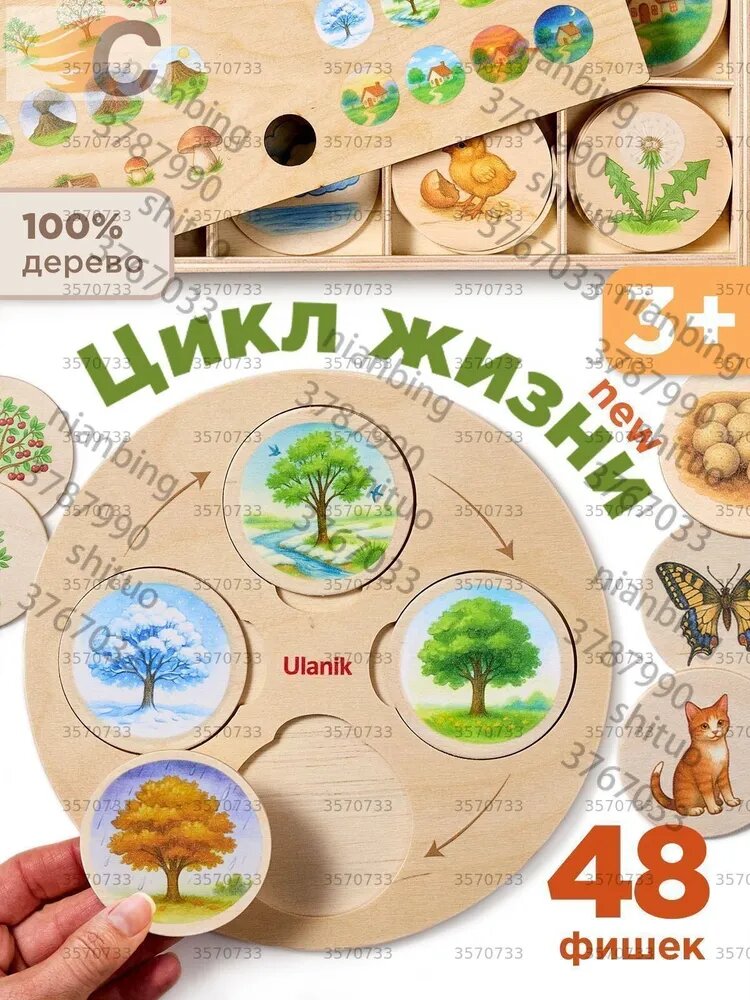 Обучающая игра "Цикл Жизни" из дерева, 48 фишек, для детей от 3 до 5 лет, бежевый
